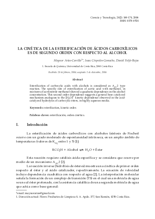 Pdf La Cinética De La Esterificación De ácidos Carboxílocos Es De Segundo Orden Con Repecto Al