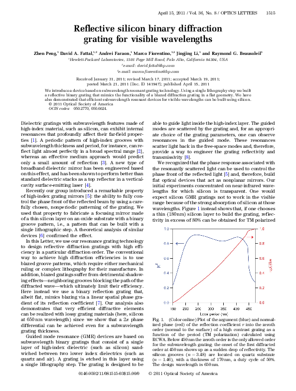 Pdf Reflective Silicon Binary Diffraction Grating For Visible Wavelengths