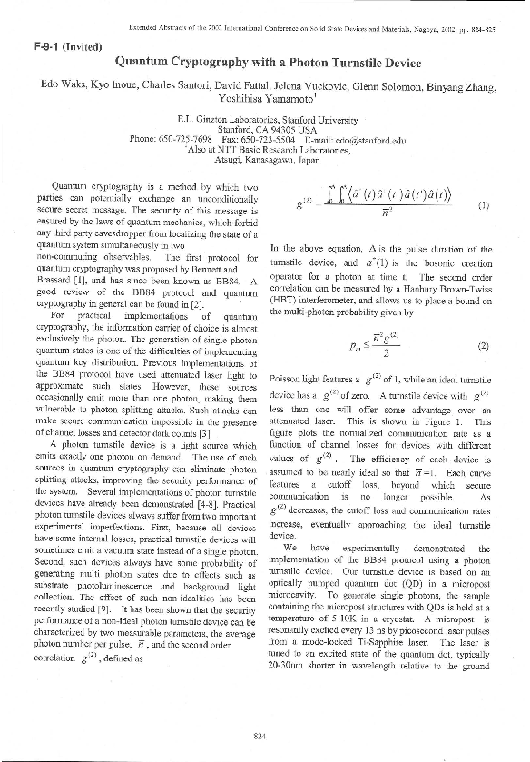 (PDF) Quantum Cryptography with a Photon Turnstile Device