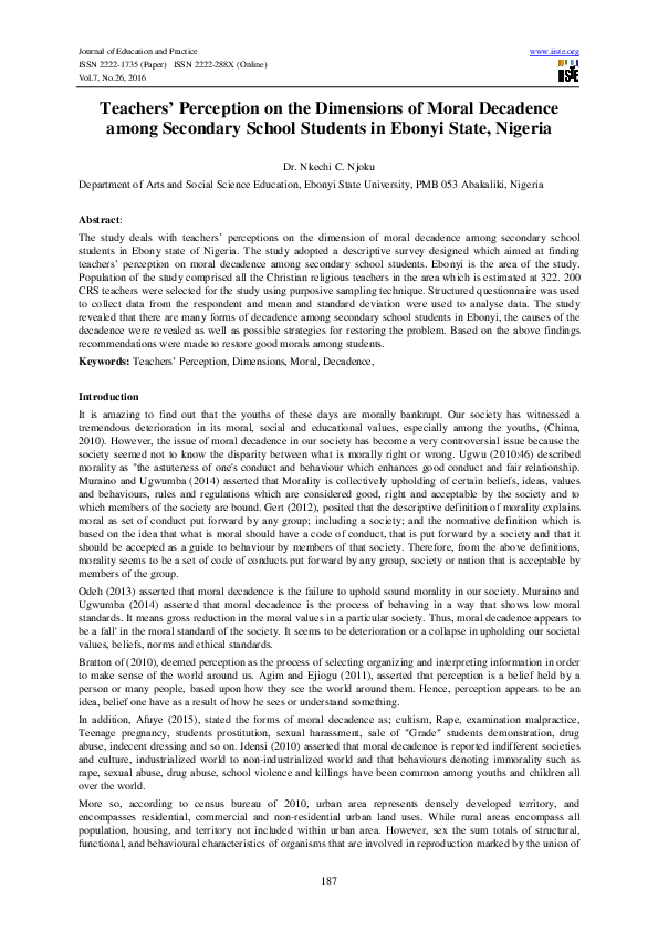 (PDF) Teachers' Perception on the Dimensions of Moral Decadence among ...