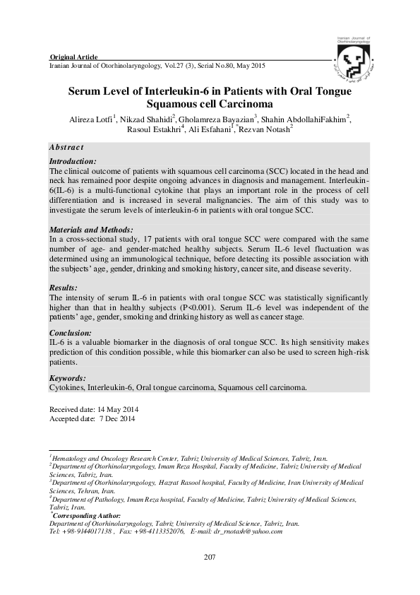 (PDF) Serum Level of Interleukin-6 in Patients with Oral Tongue