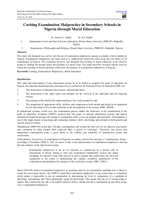 (PDF) Curbing Examination Malpractice in Secondary Schools in Nigeria ...