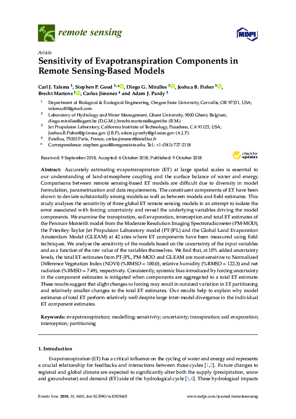 Pdf Sensitivity Of Evapotranspiration Components In Remote Sensing Based Models