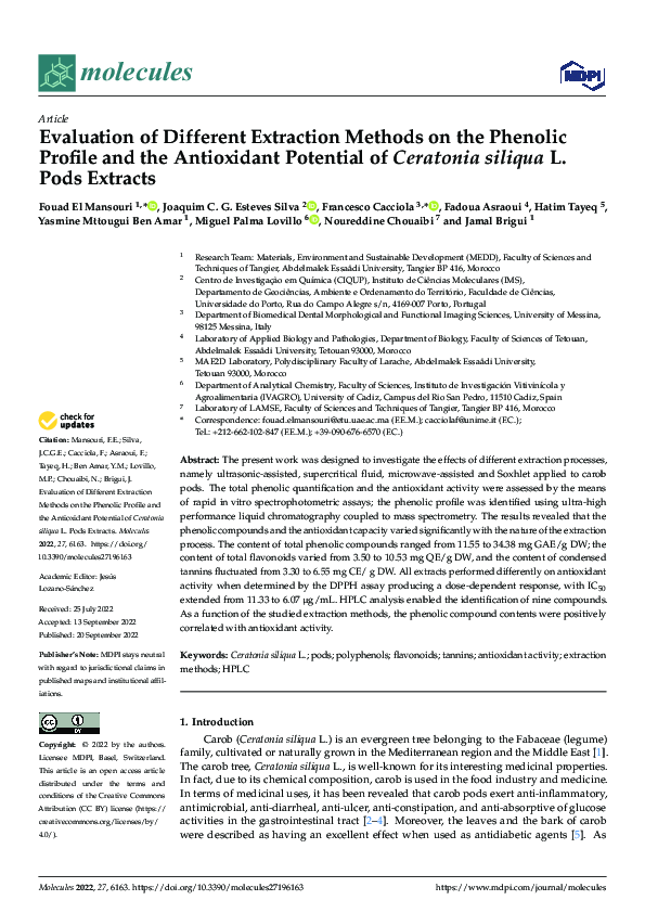 Pdf Evaluation Of Different Extraction Methods On The Phenolic