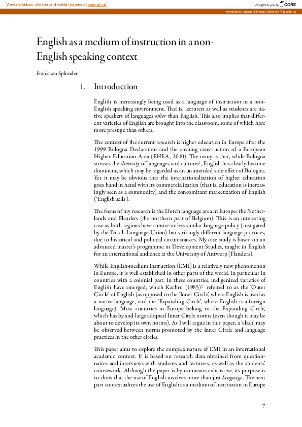 (PDF) English as a medium of instruction in a non-English speaking context