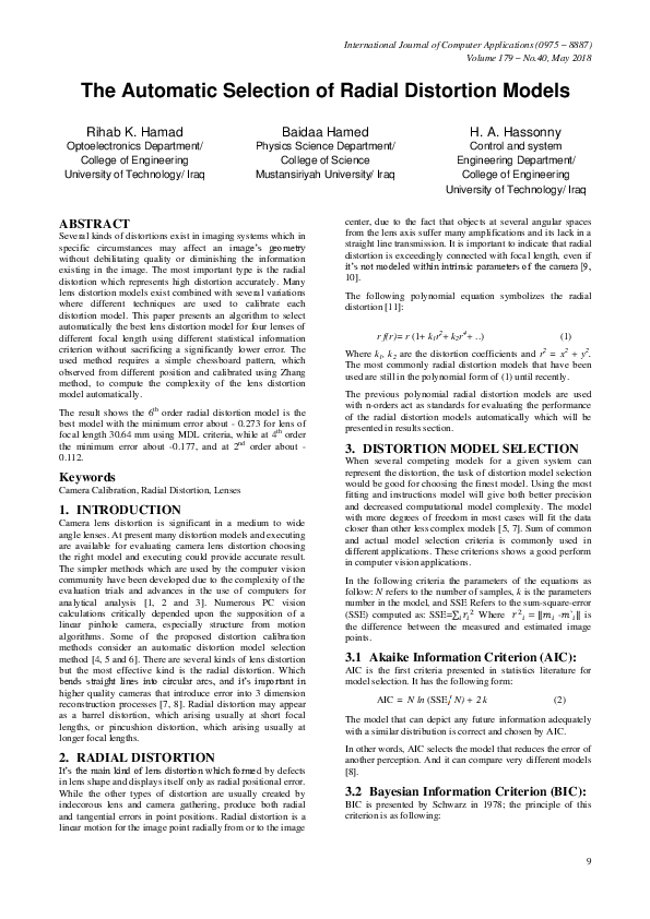 (PDF) The Automatic Selection of Radial Distortion Models | Baidaa ...