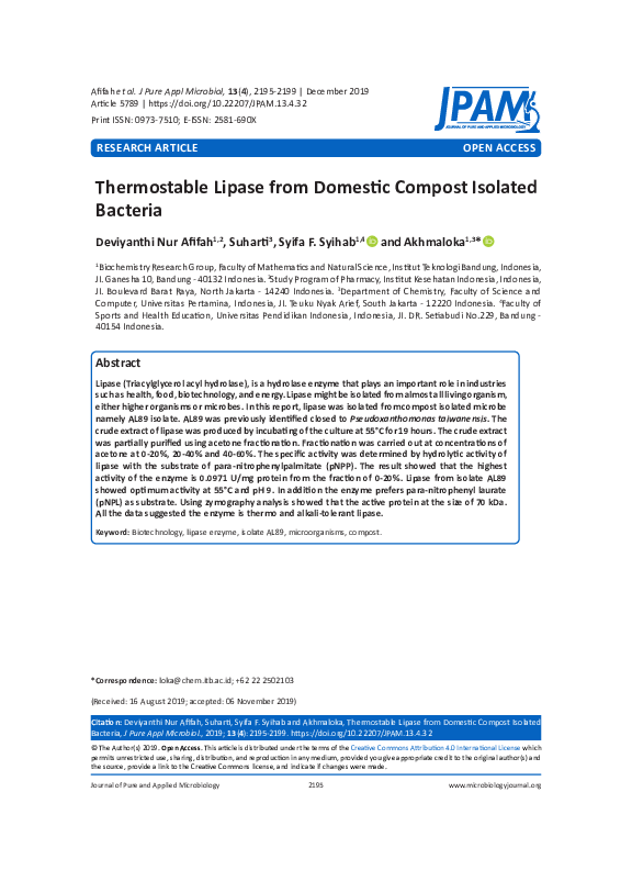 (PDF) Thermostable Lipase from Domestic Compost Isolated Bacteria