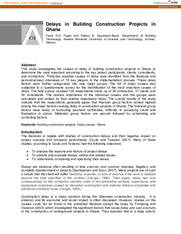 (PDF) Delays in Building Construction Projects in Ghana | Frank Fugar - Academia.edu