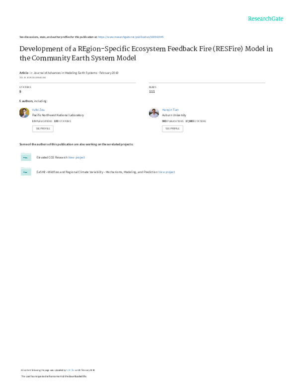 (PDF) Development of a REgion‐Specific Ecosystem Feedback Fire (RESFire) Model in the Community ...