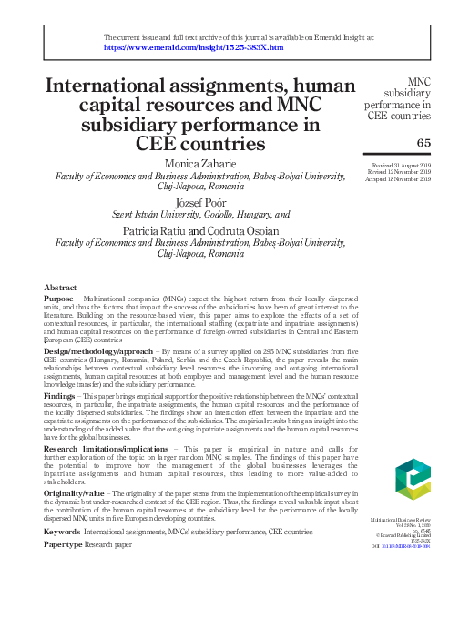 (PDF) International assignments, human capital resources and MNC subsidiary performance in CEE ...