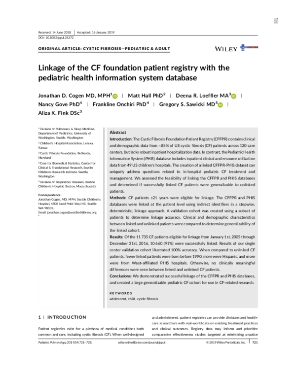 (PDF) Linkage of the CF foundation patient registry with the pediatric ...