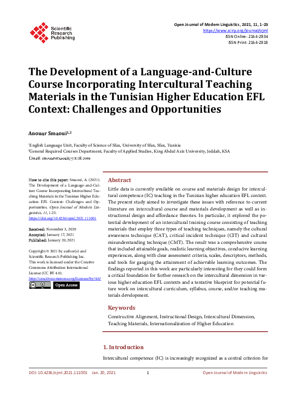 (PDF) The Development of a Language-and-Culture Course Incorporating Intercultural Teaching ...