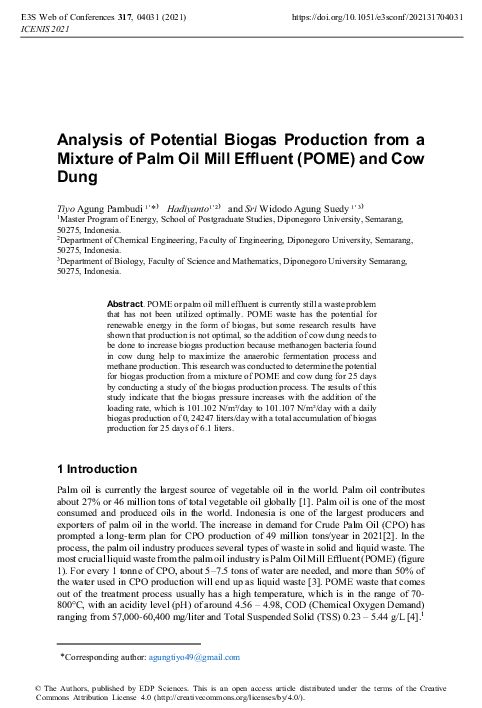 (PDF) Analysis of Potential Biogas Production from a Mixture of Palm ...