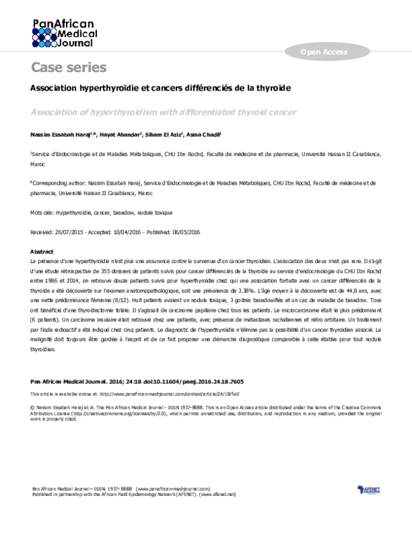 (PDF) Association hyperthyroïdie et cancers différenciés de la thyroïde