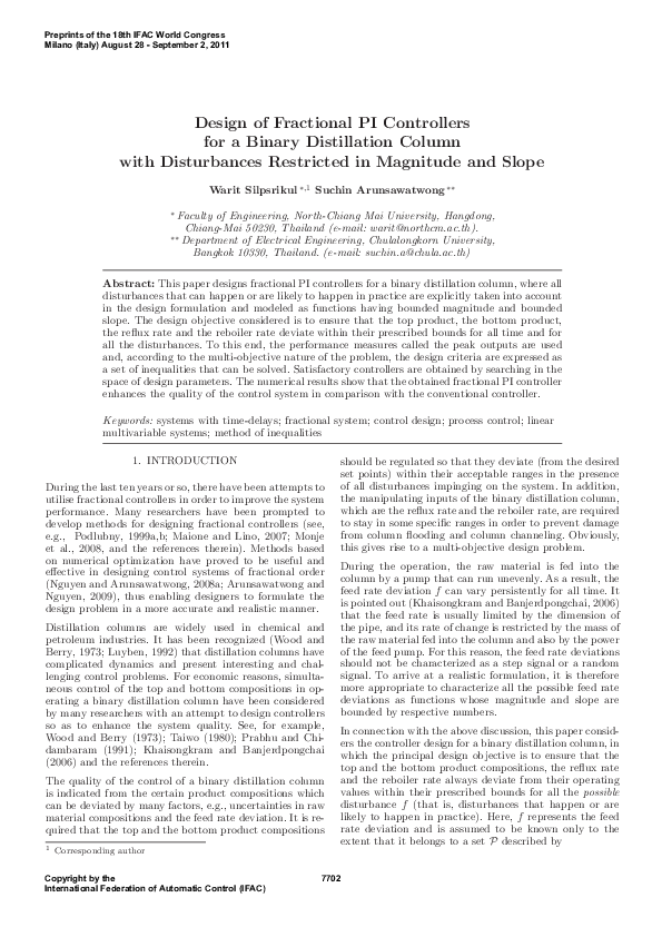(PDF) Design of Fractional PI Controllers for a Binary Distillation Column with Disturbances ...