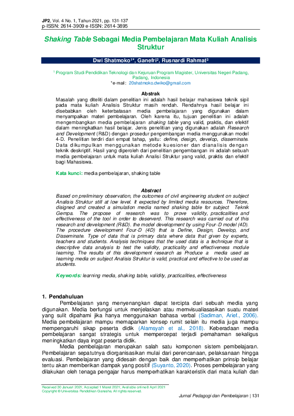 (PDF) Shaking Table Sebagai Media Pembelajaran Mata Kuliah Analisis Struktur | DWI SHATMOKO ...
