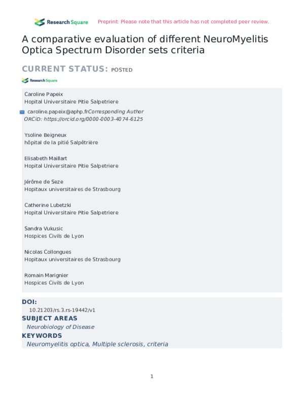 (PDF) A comparative evaluation of different NeuroMyelitis Optica Spectrum Disorder sets criteria