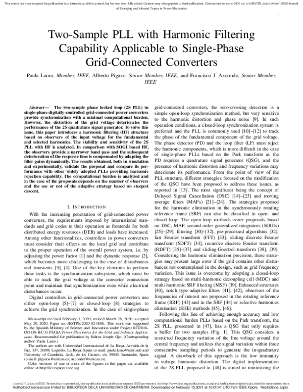 (PDF) Two-Sample PLL With Harmonic Filtering Capability Applicable to Single-Phase Grid ...
