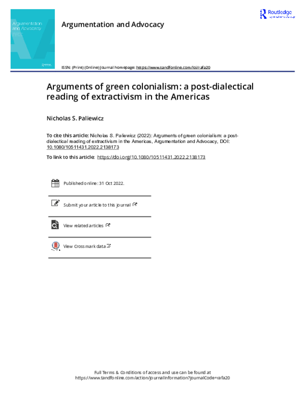 (PDF) Arguments of green colonialism a post dialectical reading of ...