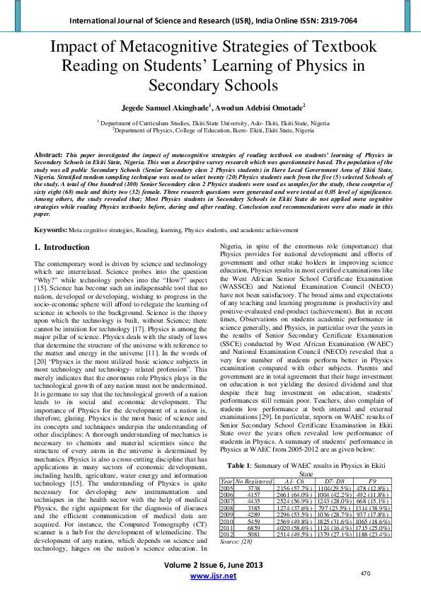 (PDF) Impact of Metacognitive Strategies of Textbook Reading on ...