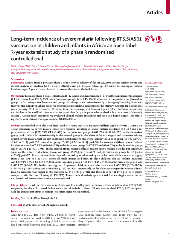 (PDF) First Results of Phase 3 Trial of RTS,S/AS01 Malaria Vaccine in African Children | Francis ...