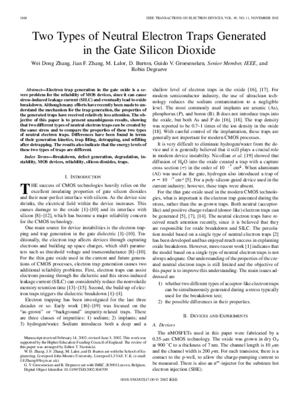 (PDF) Two types of neutral electron traps generated in the gate silicon dioxide | m72 lalor ...