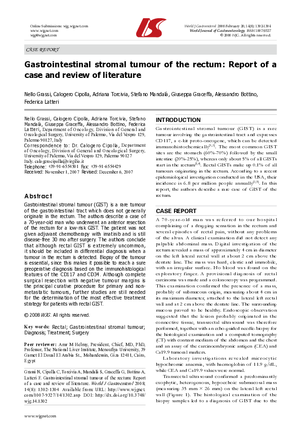 (PDF) Gastrointestinal stromal tumour of the rectum: Report of a case ...
