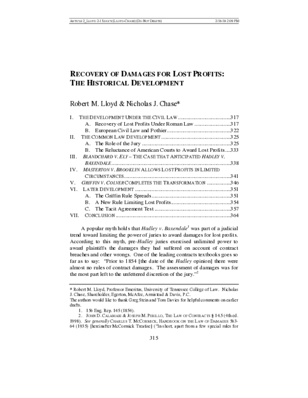 (PDF) Recovery of Damages for Lost Profits: The Historical Development