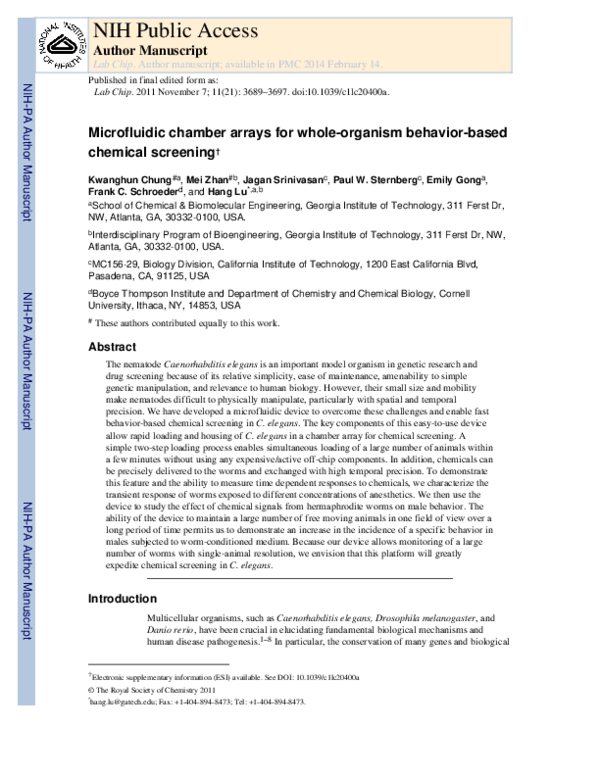 (PDF) Microfluidic chamber arrays for whole-organism behavior-based chemical screening | Frank ...