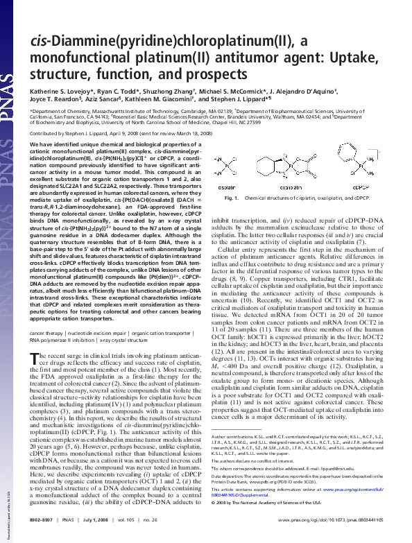 (PDF) cis -Diammine(pyridine)chloroplatinum(II), a monofunctional platinum(II) antitumor agent ...