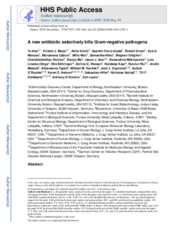 (PDF) A new antibiotic selectively kills Gram-negative pathogens