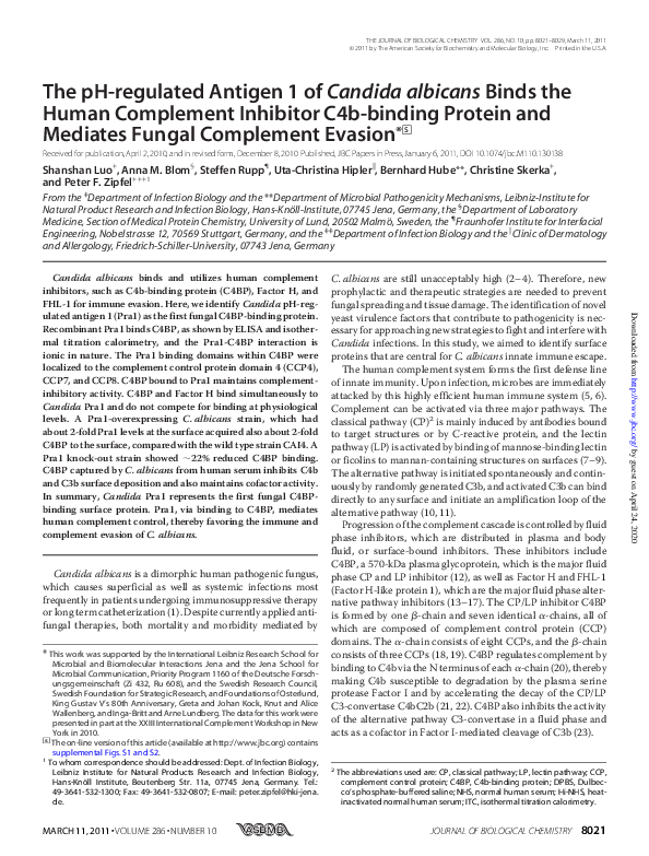(PDF) The pH-regulated Antigen 1 of Candida albicans Binds the Human ...