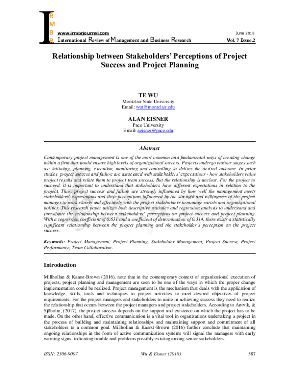 (PDF) Relationship between Stakeholders Perceptions of Project Success and Project Planning