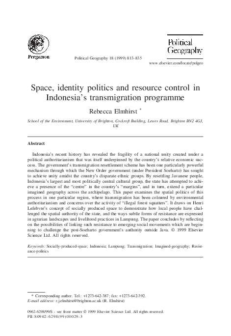 (PDF) Space, identity politics and resource control in Indonesia's transmigration programme