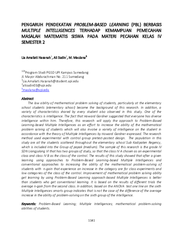 (PDF) Pengaruh Pendekatan Problem-Based Learning (PBL) Berbasis Multiple Intelligences Terhadap ...