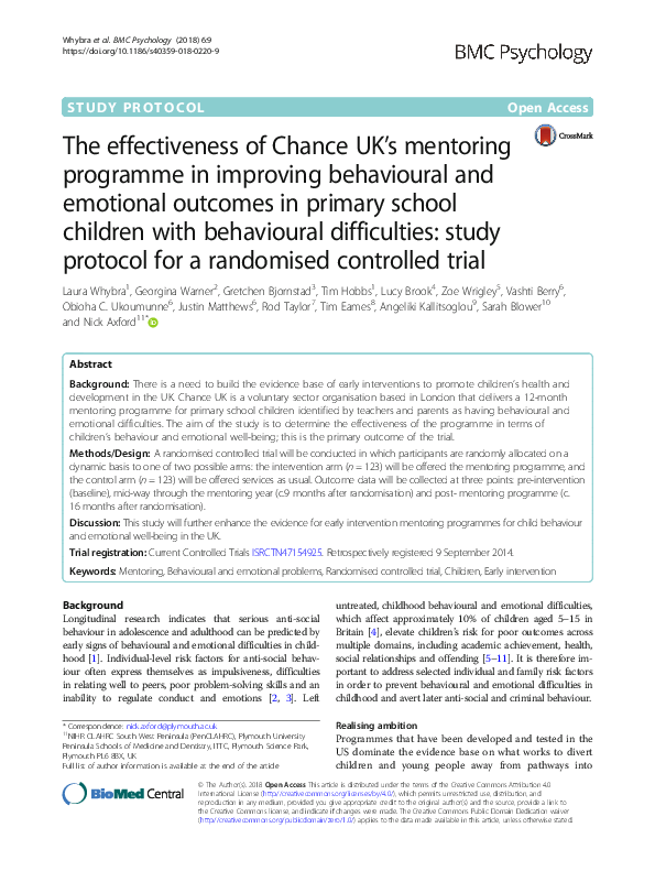 (PDF) The effectiveness of Chance UK's mentoring programme in improving ...