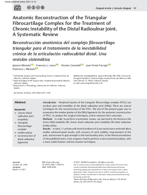 (PDF) Anatomic Reconstruction of the Triangular Fibrocartilage Complex for the Treatment of ...