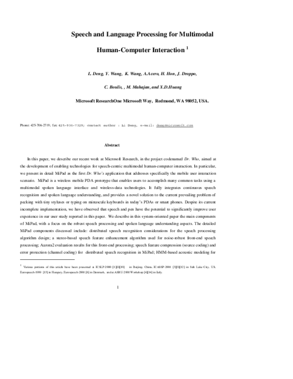 (PDF) Speech and Language Processing for Multimodal Human-Computer Interaction