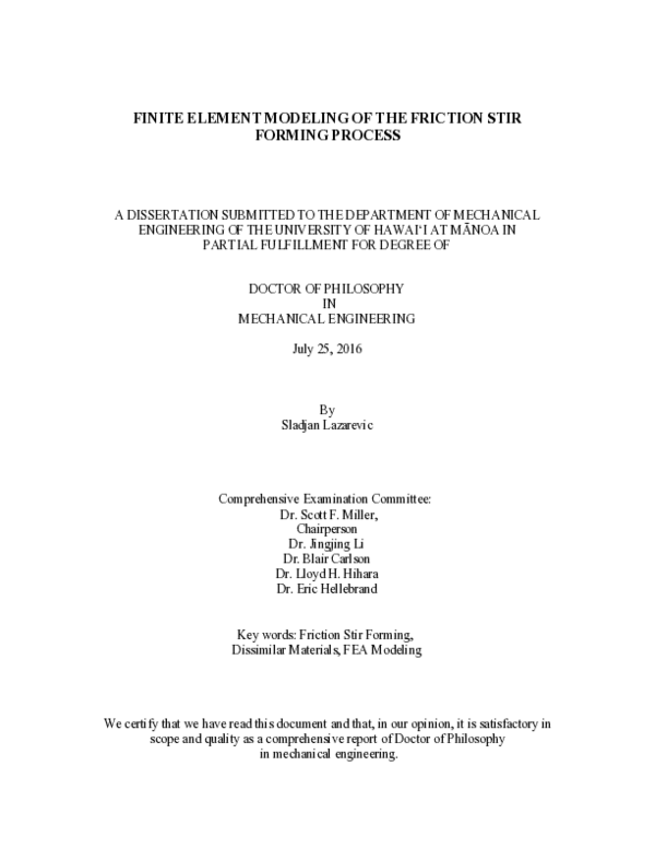Pdf Finite Element Modeling Of The Friction Stir Forming Process