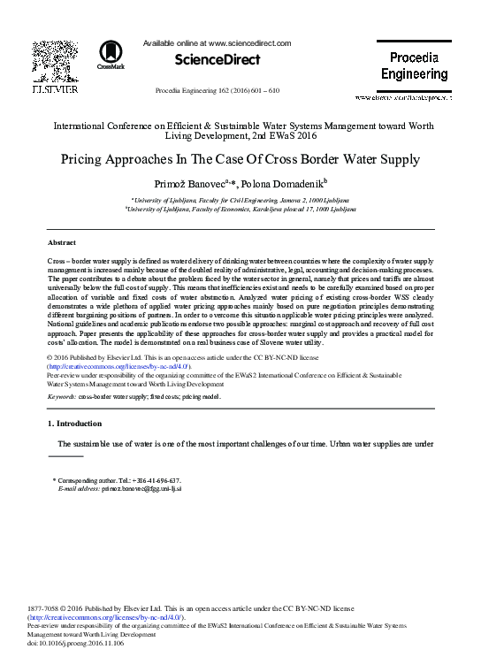 (PDF) Pricing Approaches in the Case of Cross Border Water Supply