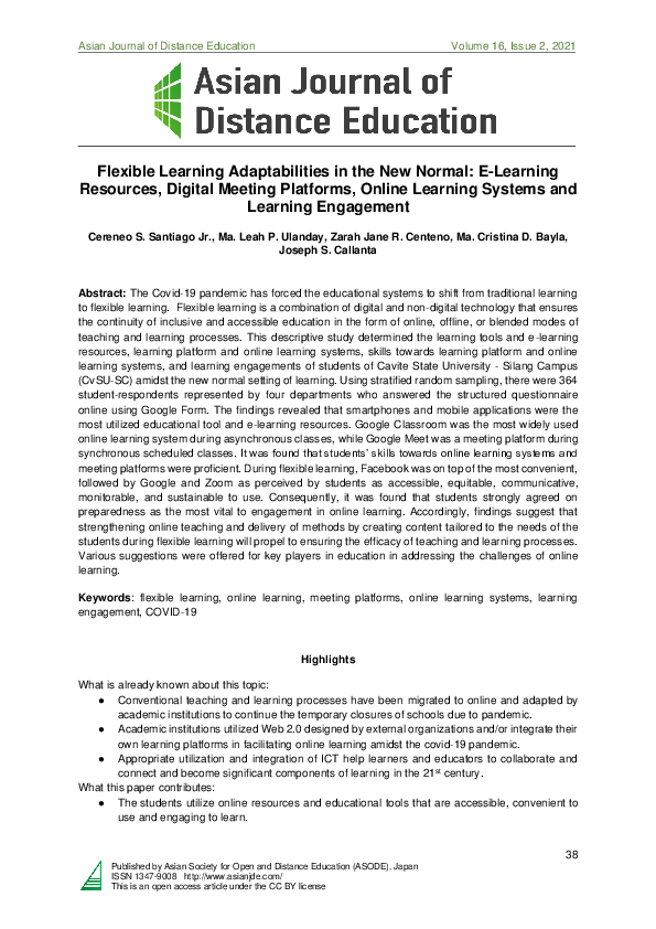 (PDF) Flexible learning adaptabilities in the new normal: E-learning resources, digital meeting ...