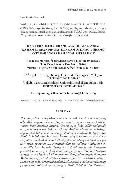 (PDF) Hak Berpolitik Orang Asal DI Malaysia: Kajian Perbandingan Dengan ...
