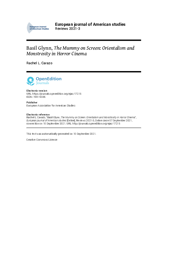(PDF) Basil Glynn, The Mummy on Screen: Orientalism and Monstrosity in ...
