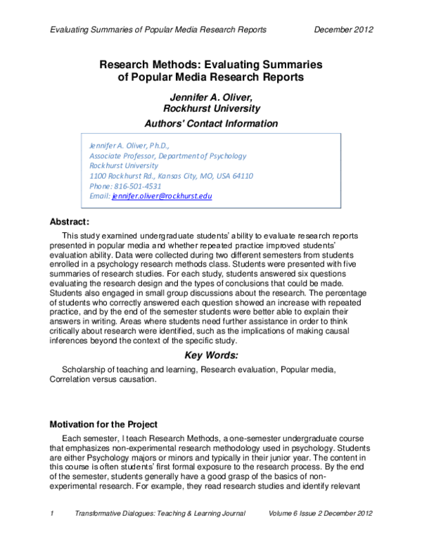 (PDF) Research Methods: Evaluating Summaries of Popular Media Research ...