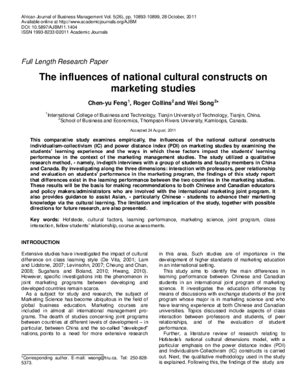 (PDF) The influences of national cultural constructs on marketing studies