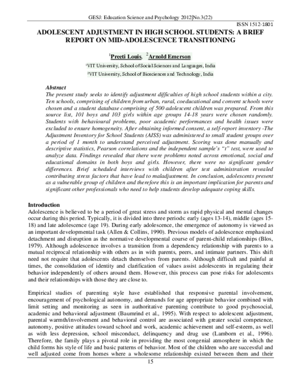 (PDF) Adolescent Adjustment in High school students: A brief report on ...