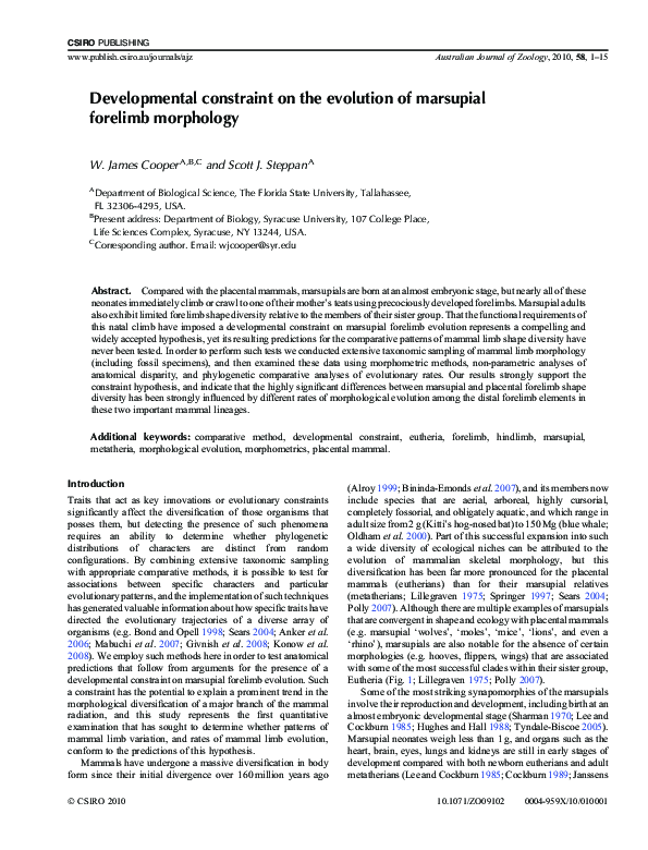 (PDF) Developmental constraint on the evolution of marsupial forelimb morphology