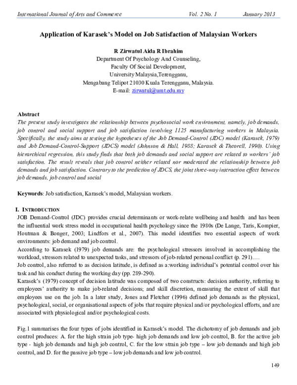 (PDF) Application of Karasek's Model on Job Satisfaction of Malaysian ...