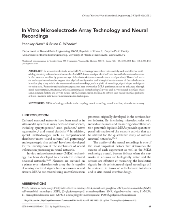 Pdf In Vitro Microelectrode Array Technology And Neural Recordings