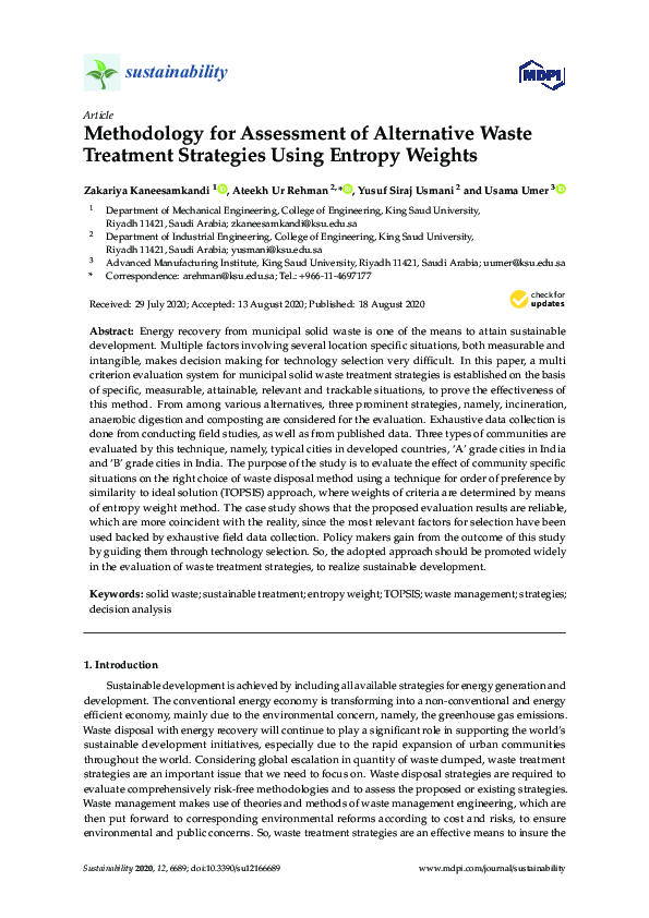 (PDF) Methodology for Assessment of Alternative Waste Treatment ...